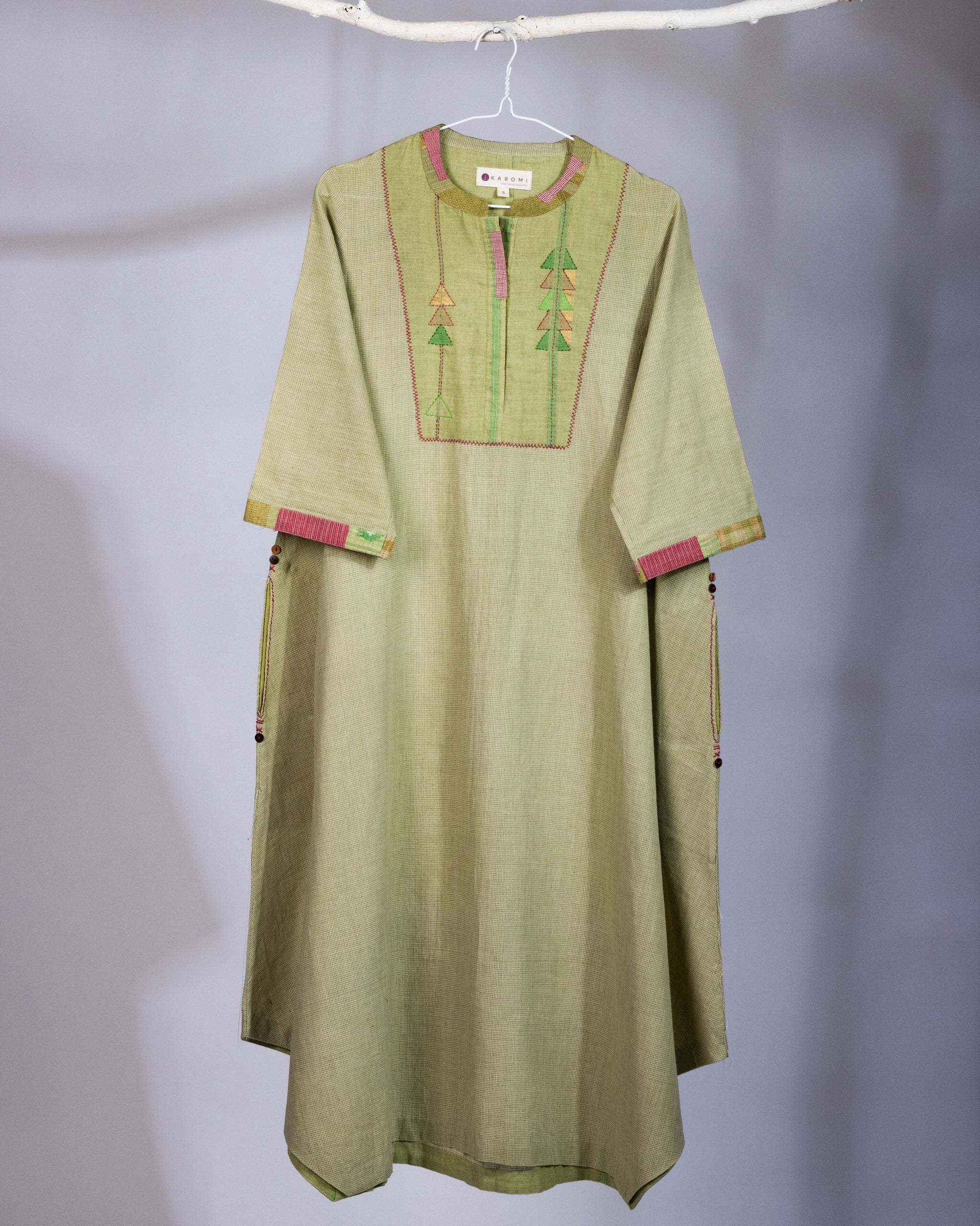 Handwoven jamdani A-line cotton dress - Blue/Green | Karomi crafts