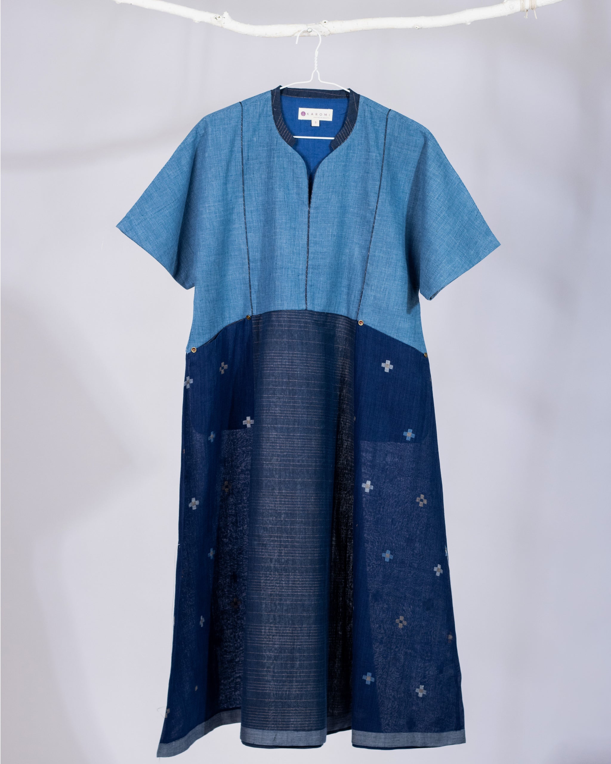 Handwoven jamdani A-line, collared dress - Blue/Indigo | Karomi crafts