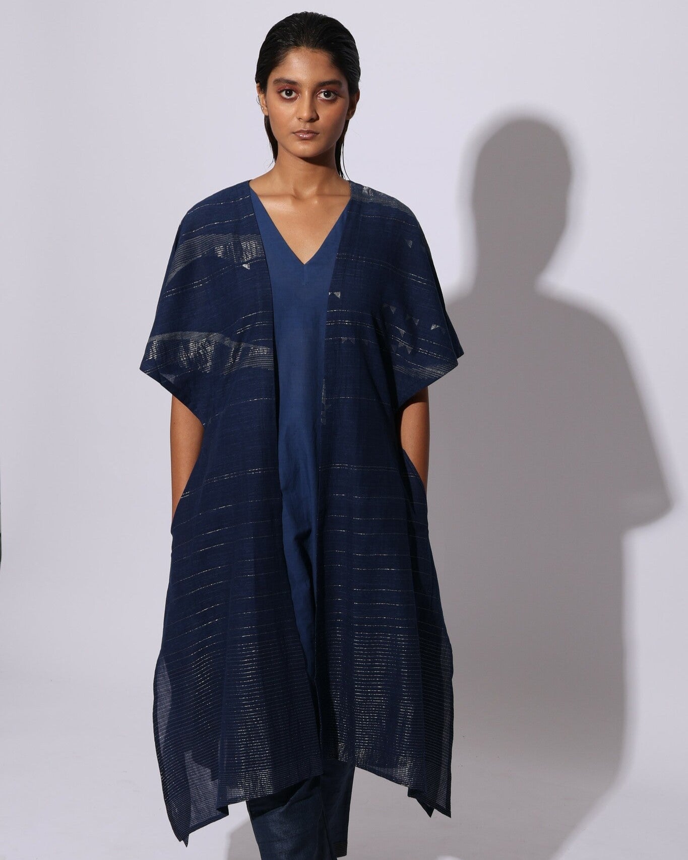 Handwoven cotton khadi Jamdani dress- Indigo/Blue| Karomi crafts