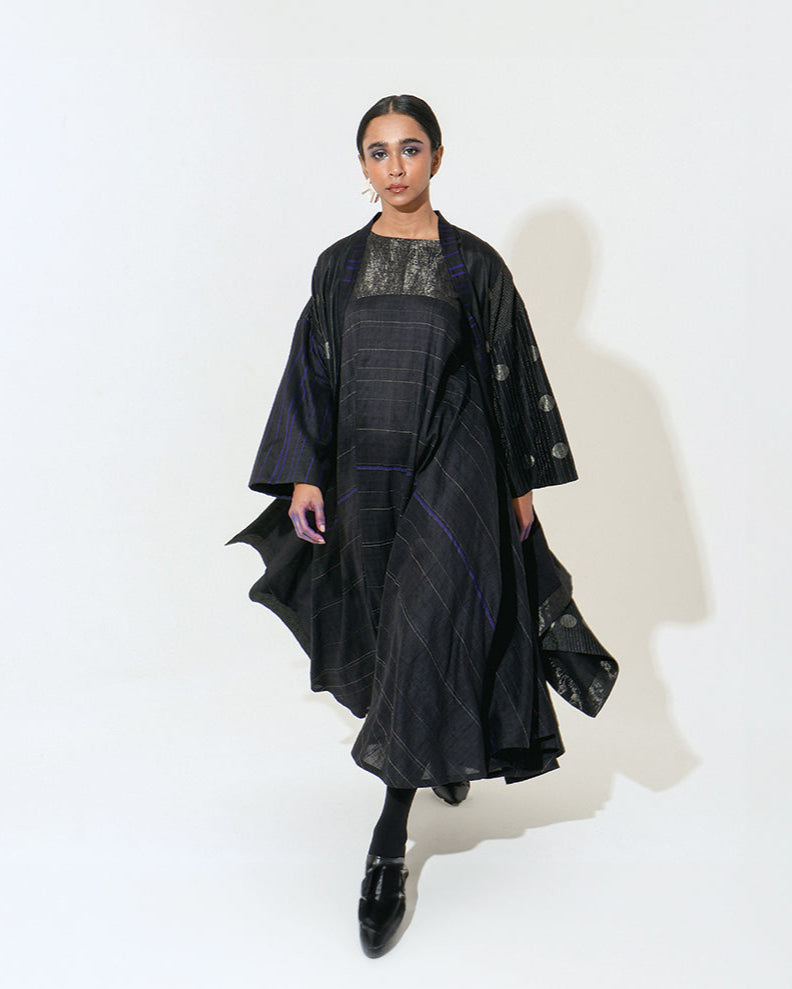 Handwoven tissue A-line dress- Black/Blue | Karomi crafts