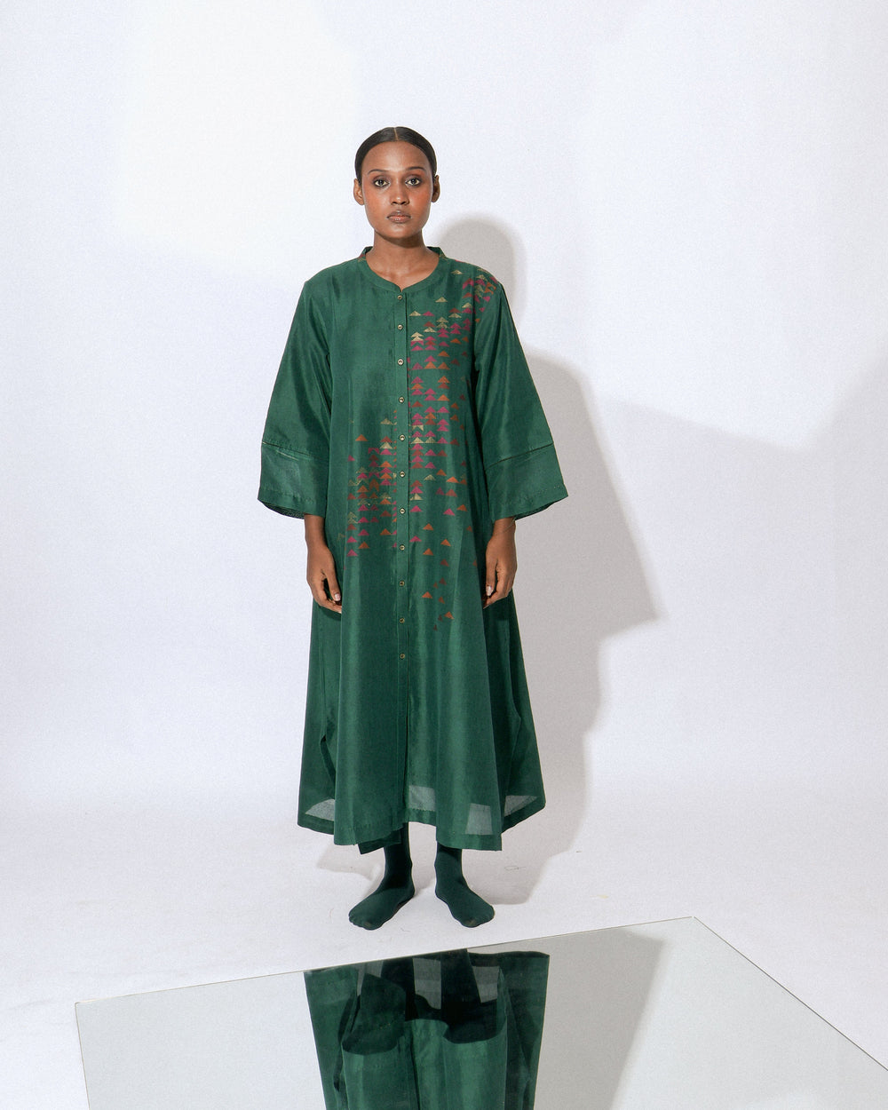 Handwoven Jamdani A-Line dress-Green/Emerald |Karomi Crafts